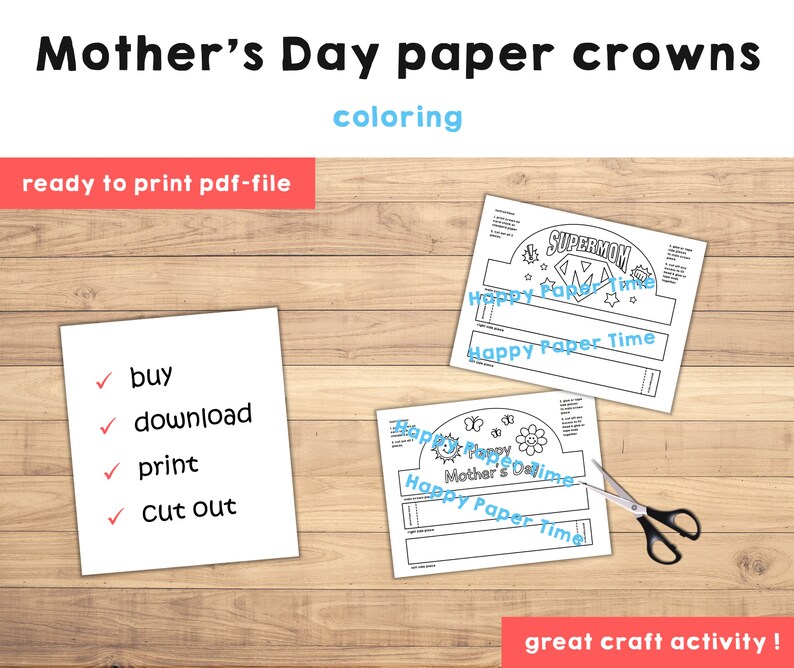Mother's Day Paper Crown Template Birthday Party Headband Coloring ...