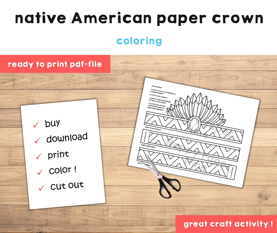 Native American Paper Craft Headdress Crown Party Coloring | Etsy
