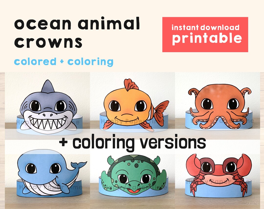Ocean Animals Paper Crowns Shark Fish Octopus Whale Sea Turtle Crab ...
