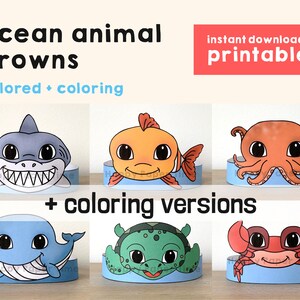 Ocean Animals Paper Crowns Shark Fish Octopus Whale Sea Turtle Crab ...