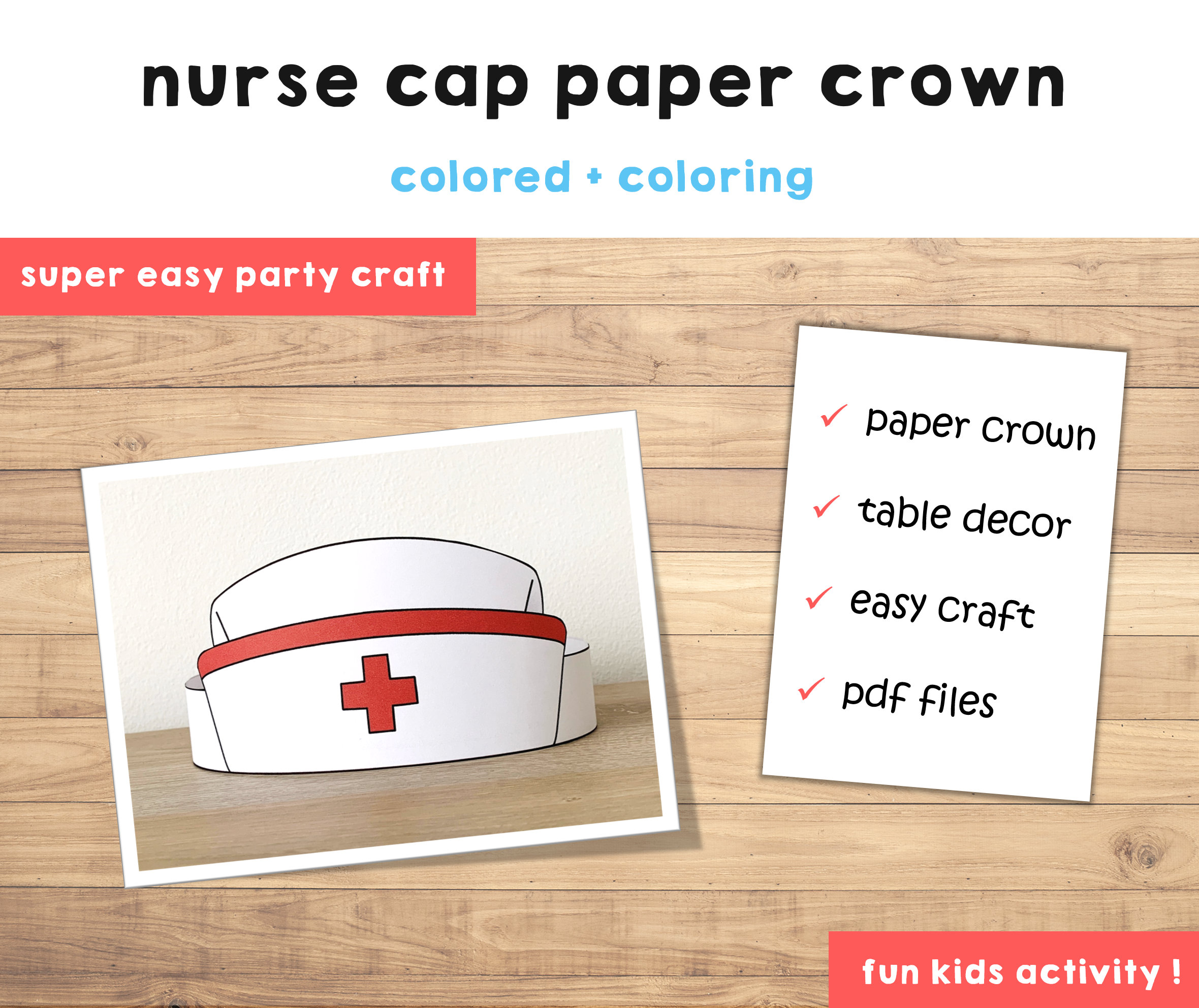 Nurse Cap Hat Paper Crown Party Coloring Printable Kids Craft - Etsy Canada