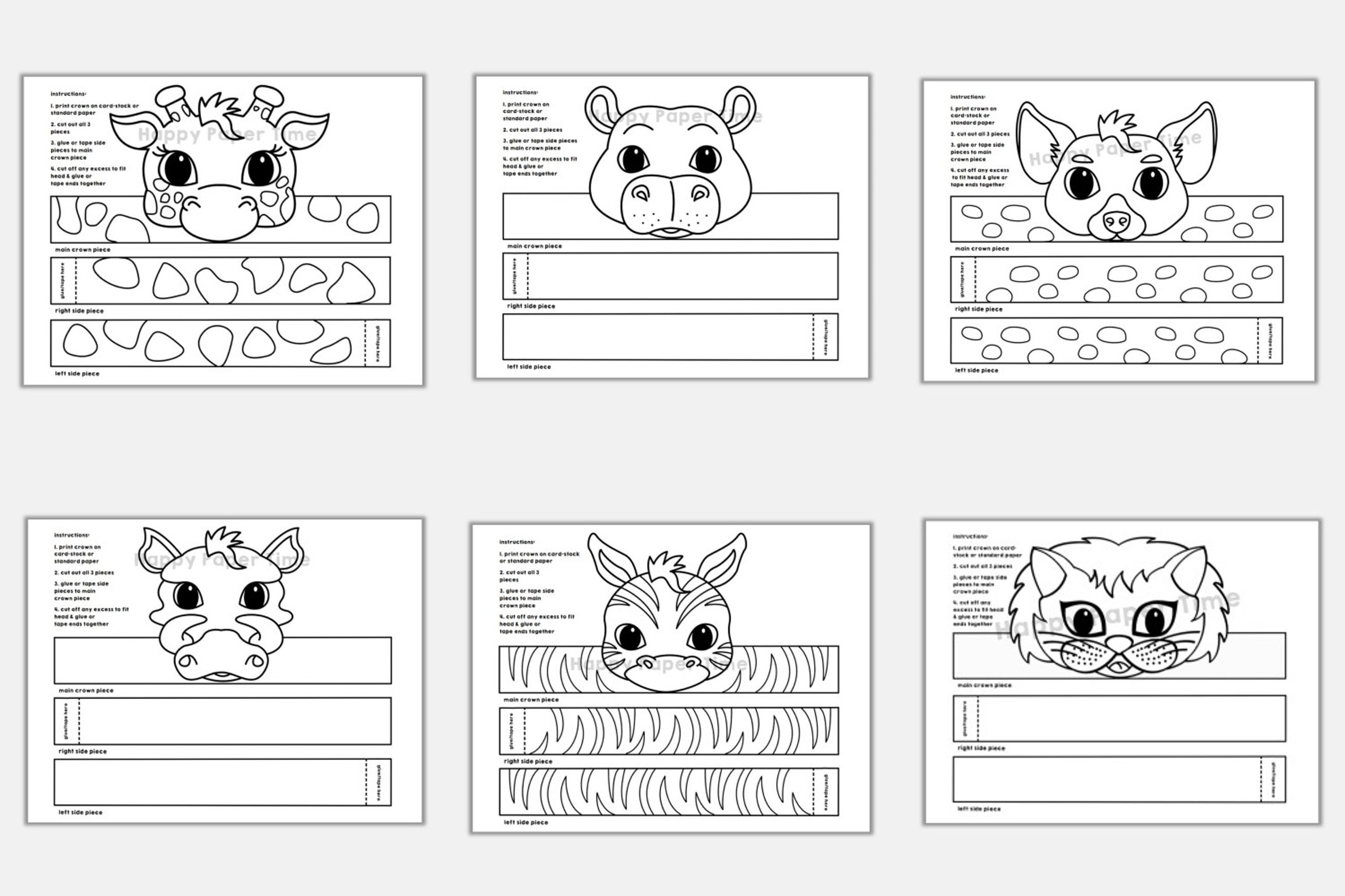 African Safari Animals Paper Crowns Giraffe Hippo Hyena Lion Zebra ...