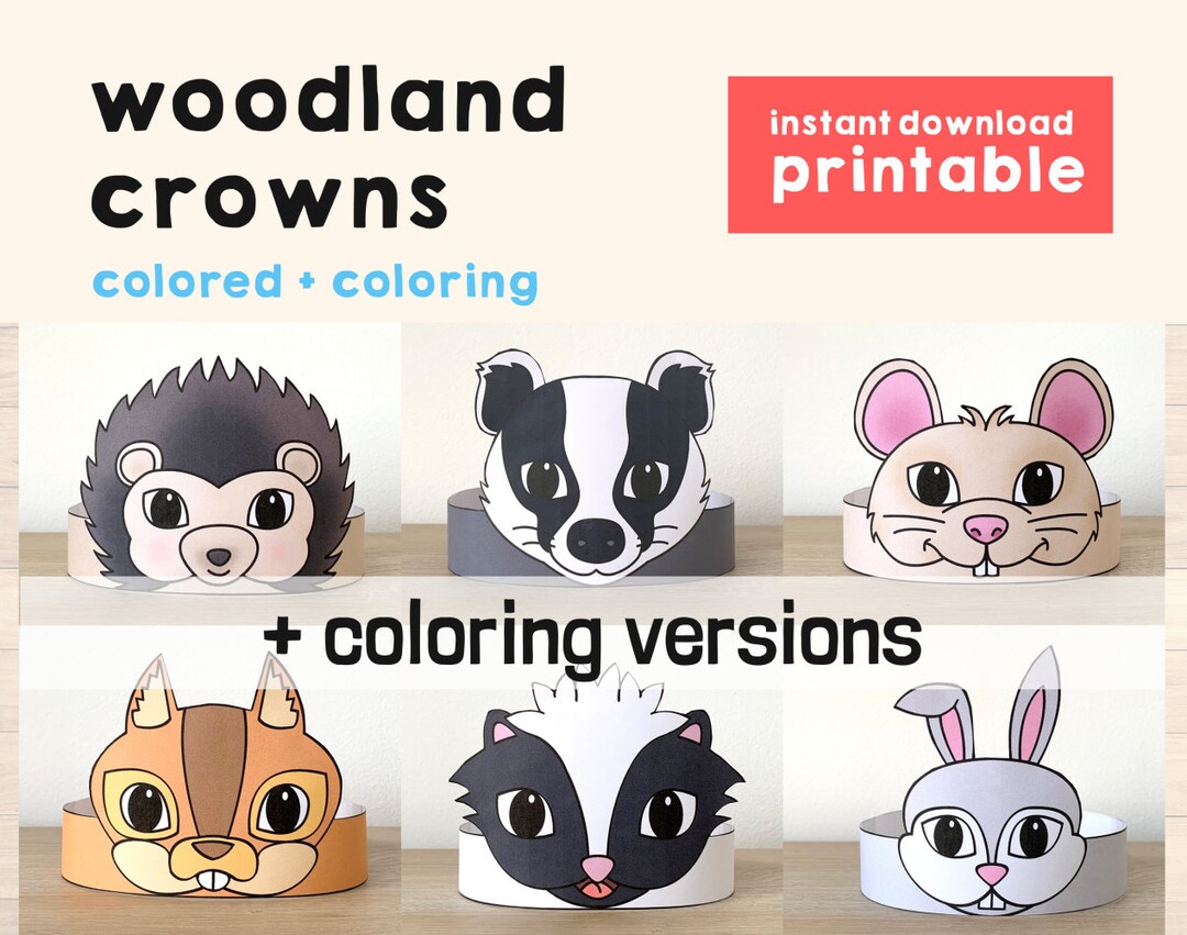 Woodland Animals Paper Crowns Hedgehog Mouse Squirrel Rabbit Skunk ...