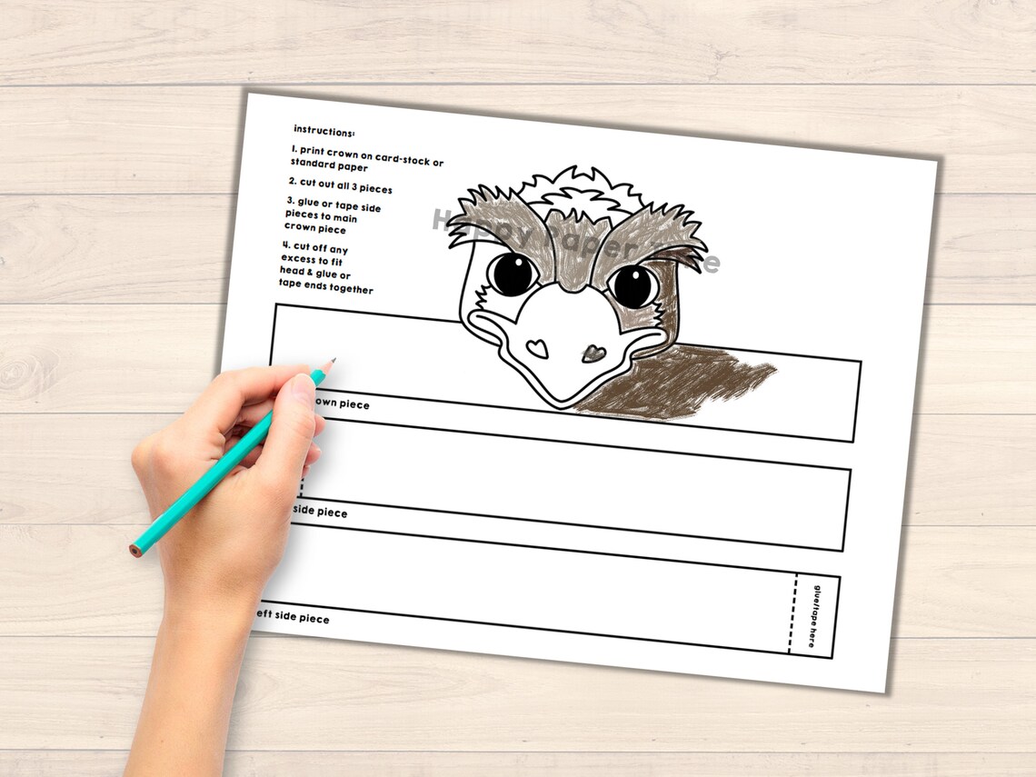 Emu Paper Crown Party Coloring Printable Kids Craft Australia | Etsy