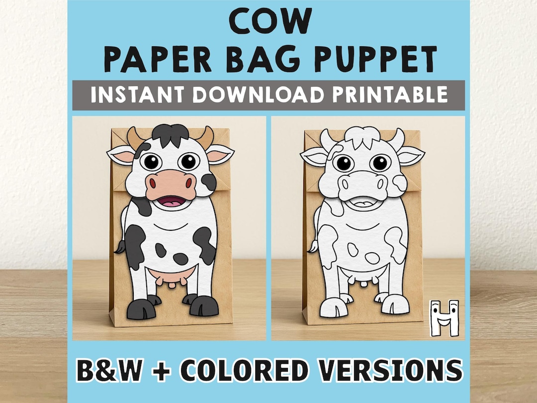 Cow Paper Bag Puppet Printable Farm Animal Craft Activity Cut Paste ...