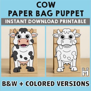 Cow Paper Bag Puppet Printable Farm Animal Craft Activity Cut Paste ...