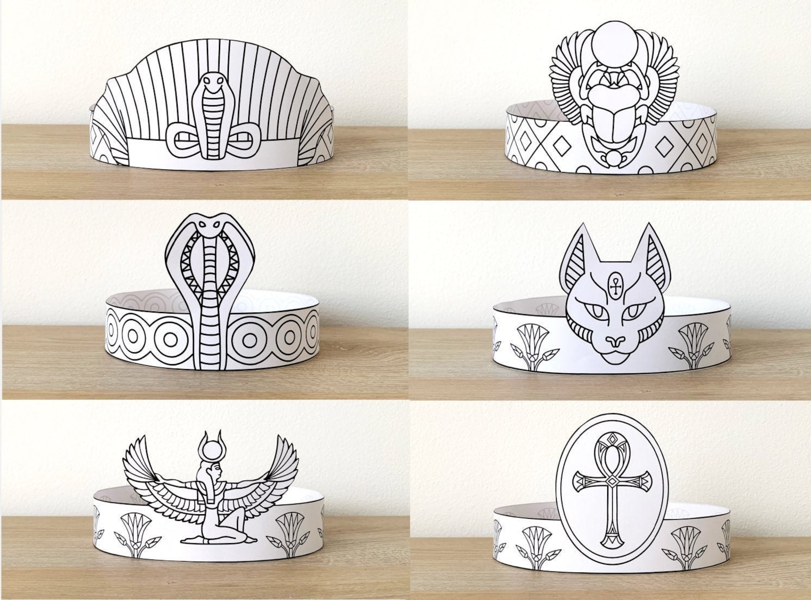 Ancient Egypt Paper Crowns Pharaoh Cobra Cleopatra Isis Scarab Cat Ankh ...