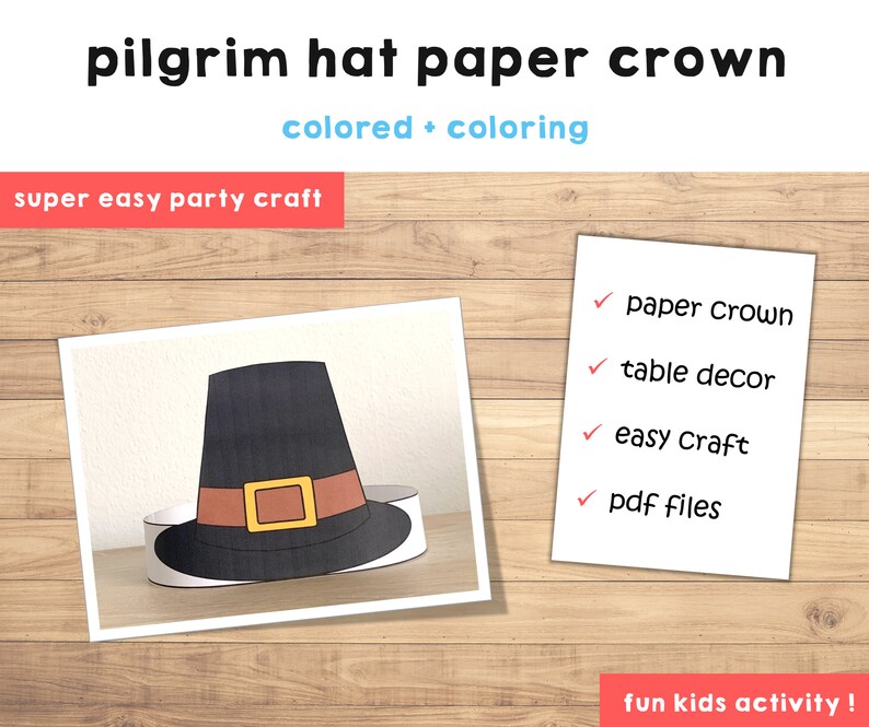 Pilgrim Hat Paper Crown Thanksgiving Settler Party Coloring - Etsy