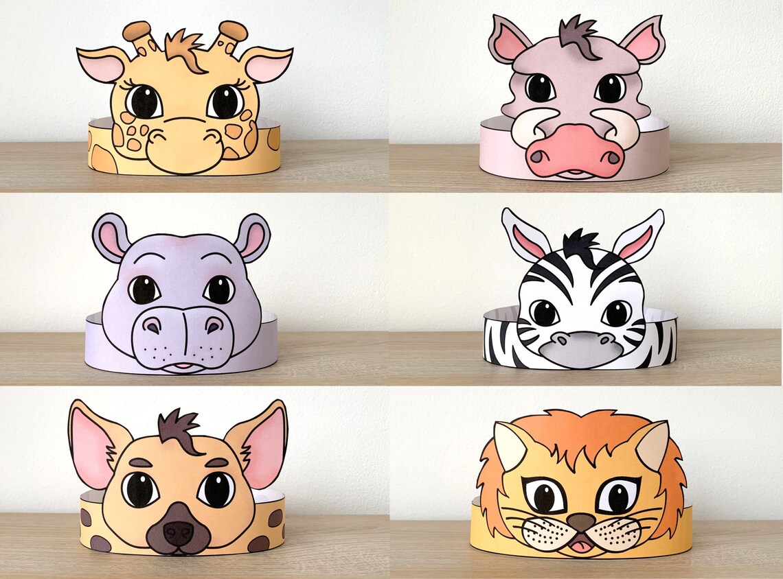 African Safari Animals Paper Crowns Giraffe Hippo Hyena Lion - Etsy