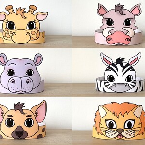 African Safari Animals Paper Crowns Giraffe Hippo Hyena Lion Zebra ...