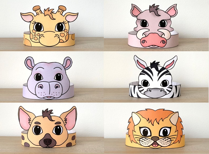African Safari Animals Paper Crowns Giraffe Hippo Hyena Lion Zebra ...