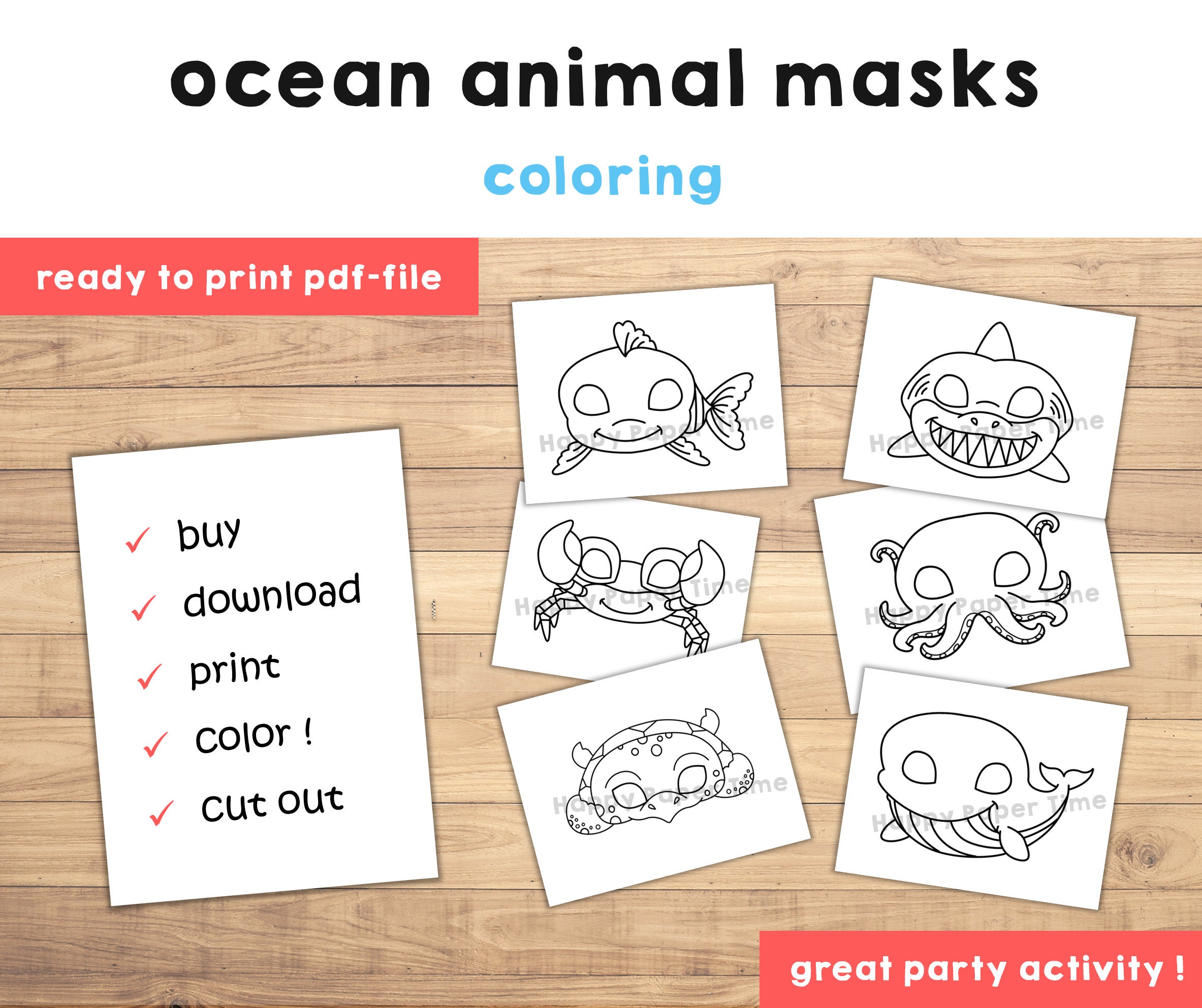Ocean Animal Masks Template Crab Sea Turtle Whale Shark Octopus Fish ...