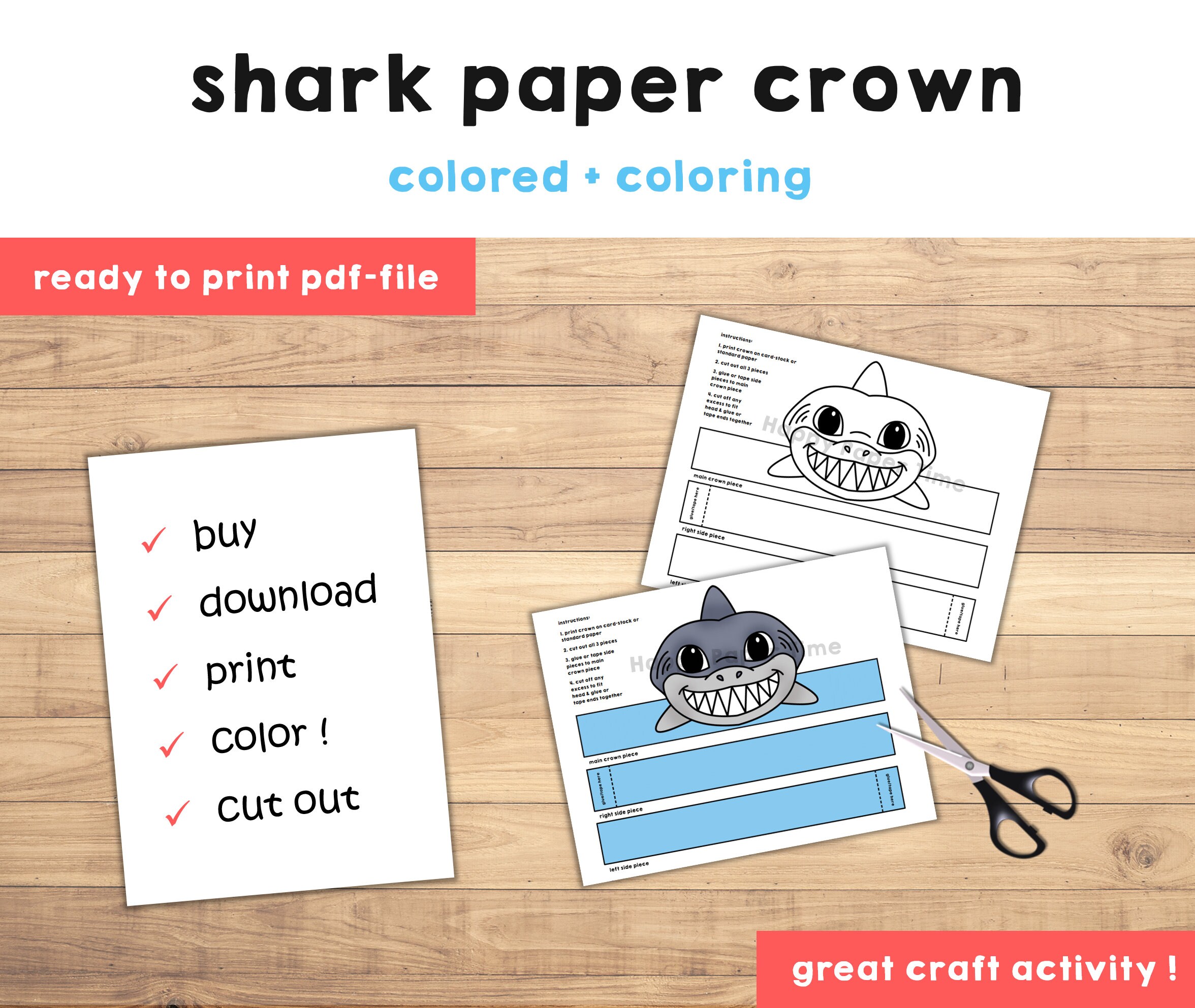 Shark Paper Crown Party Coloring Printable Party Hat Kids - Etsy