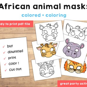 African Safari Animal Masks Template Hyena Lion Hippo Giraffe Zebra ...