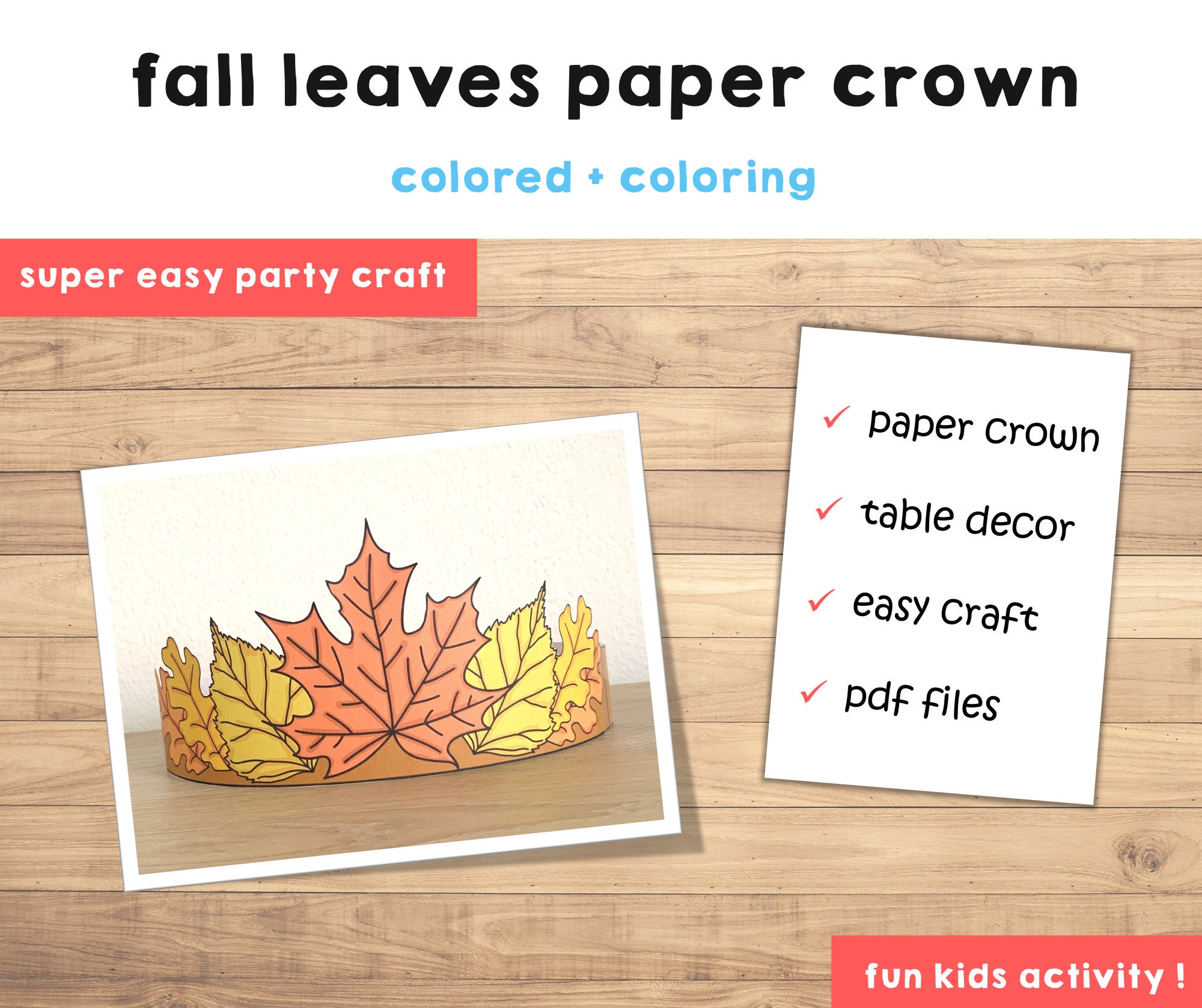 Fall Leaves Paper Crown Thanksgiving Autumn Party Coloring - Etsy