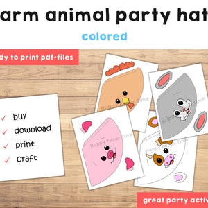 Farm Animal Party Hats Paper Printable Table Pig Horse Cow Rabbit Sheep ...