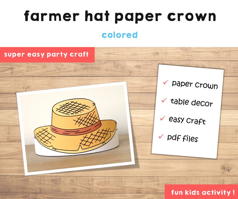 Farmer Straw Hat Gardener Paper Crown Party Printable Kids | Etsy