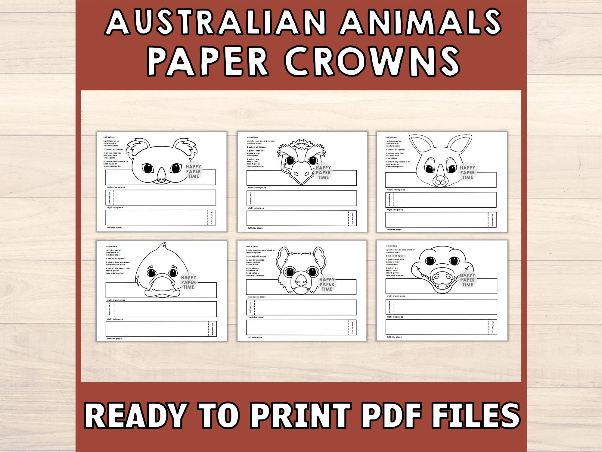 Australian Animal Paper Crowns Safari Koala Kangaroo Crocodile Emu ...