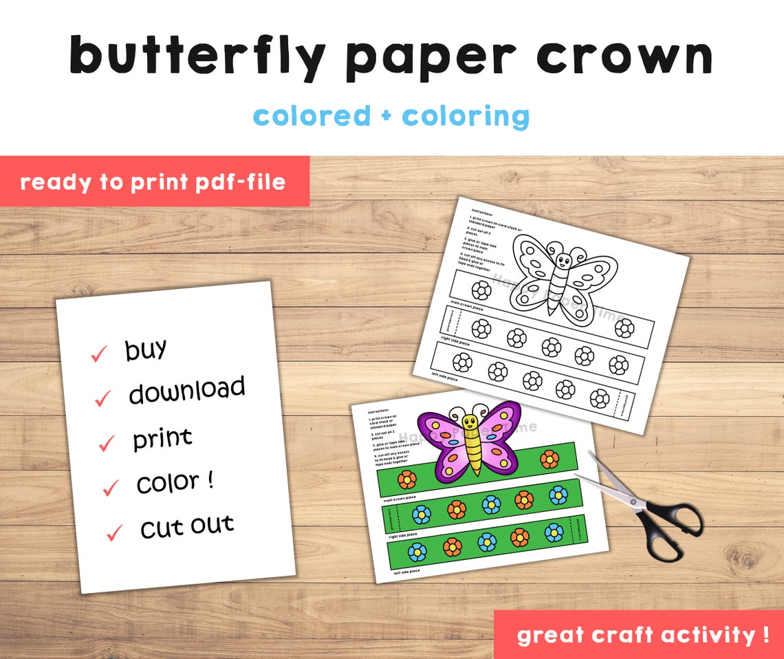 Butterfly Paper Crown Party Coloring Printable Kids Craft Cute - Etsy