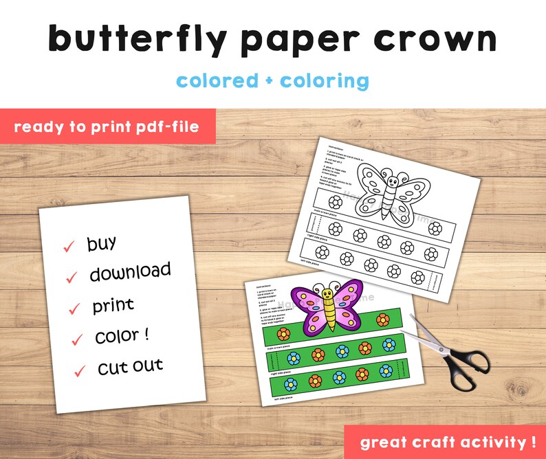 Butterfly Paper Crown Party Coloring Printable Kids Craft Cute - Etsy