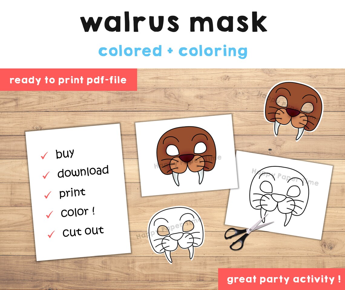 Walrus Mask Costume Animal Mask Printable Party Favor Polar - Etsy