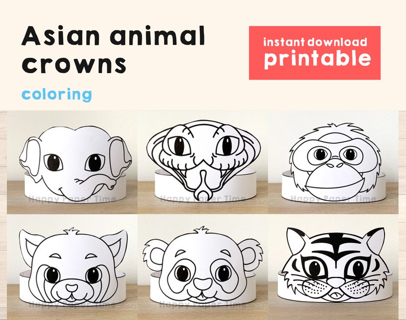 Asian Jungle Animals Paper Crowns Panda Elephant Cobra Tiger - Etsy