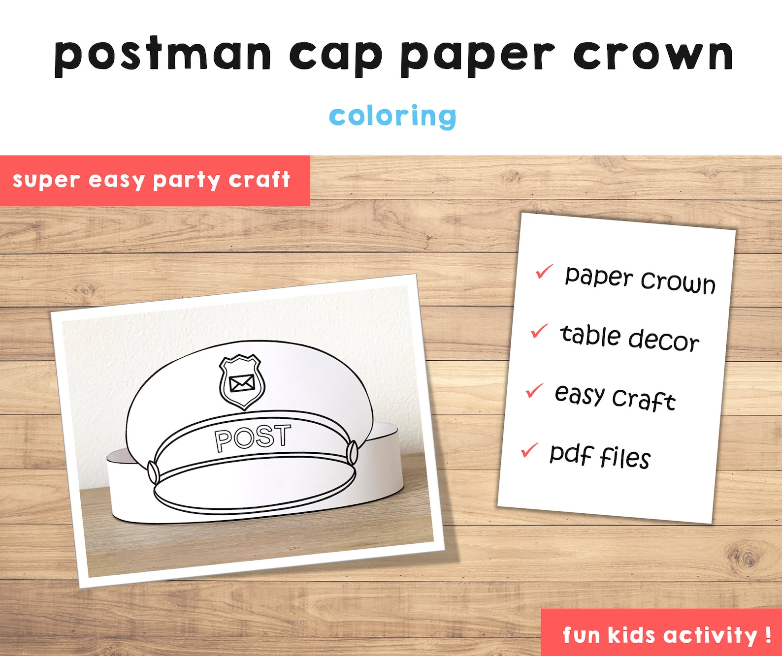 Postman Cap Hat Paper Crown Party Coloring Printable Kids | Etsy
