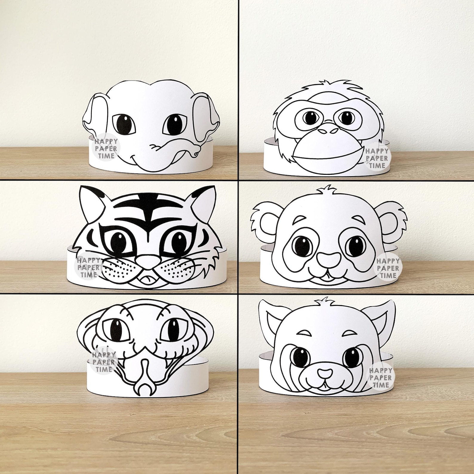 Asian Jungle Animals Paper Crowns Panda Elephant Cobra Tiger Orangutan ...