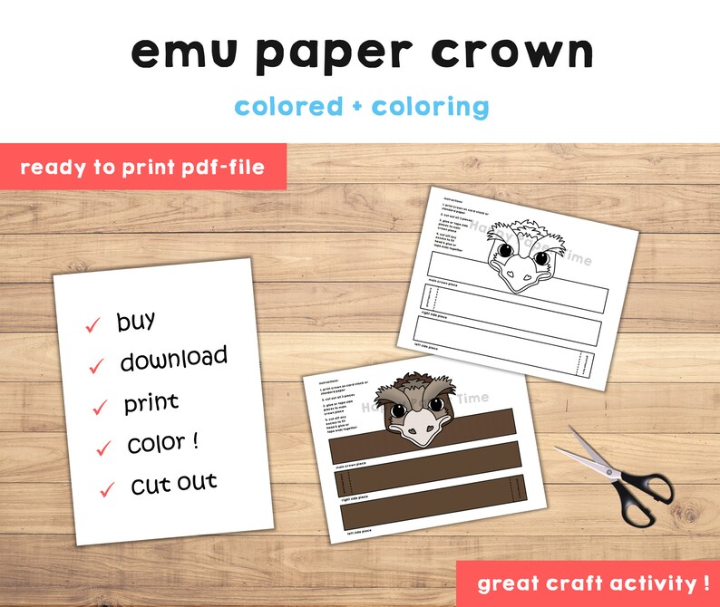 Emu Paper Crown Party Coloring Printable Kids Craft Australia | Etsy