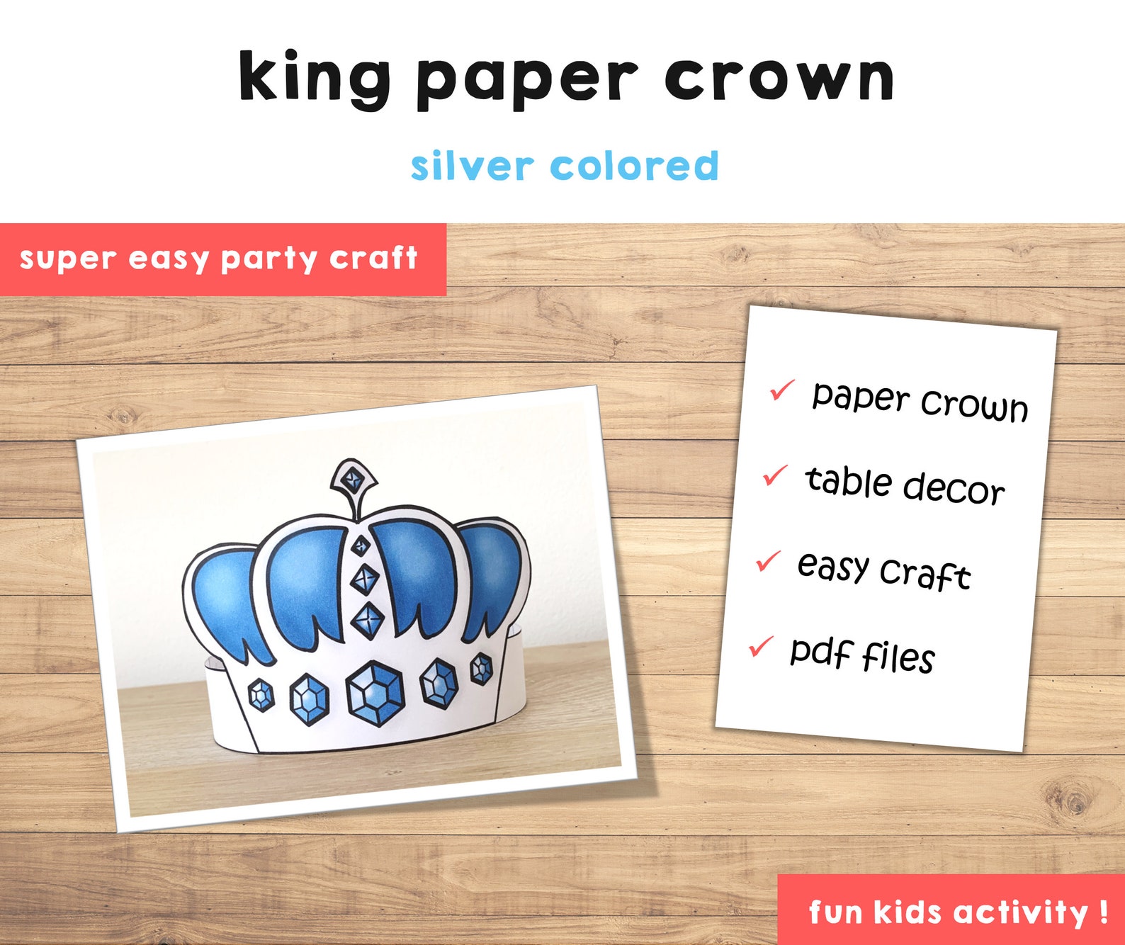King Paper Crown Prince Silver Royal Printable Kids Craft Birthday ...