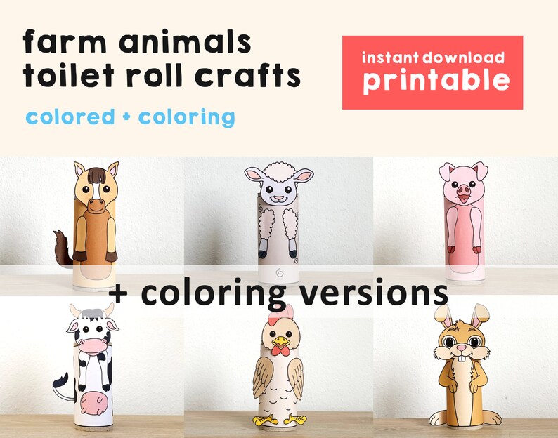 Farm Animals Toilet Paper Roll Craft Party Coloring Printable - Etsy