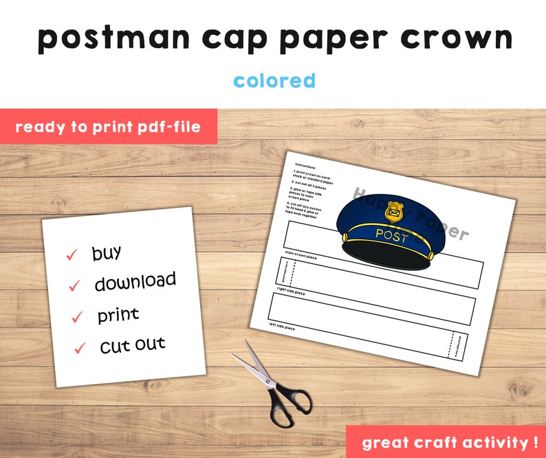 Postman Cap Hat Paper Crown Party Printable Kids Craft - Etsy