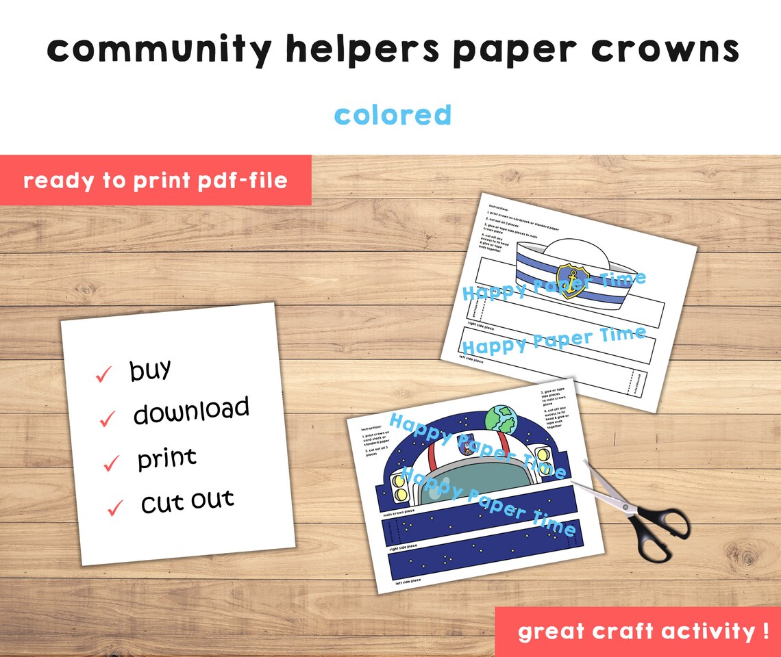 Community Helpers Paper Crowns Astronaut Pilot Chef Sailor Soldier ...