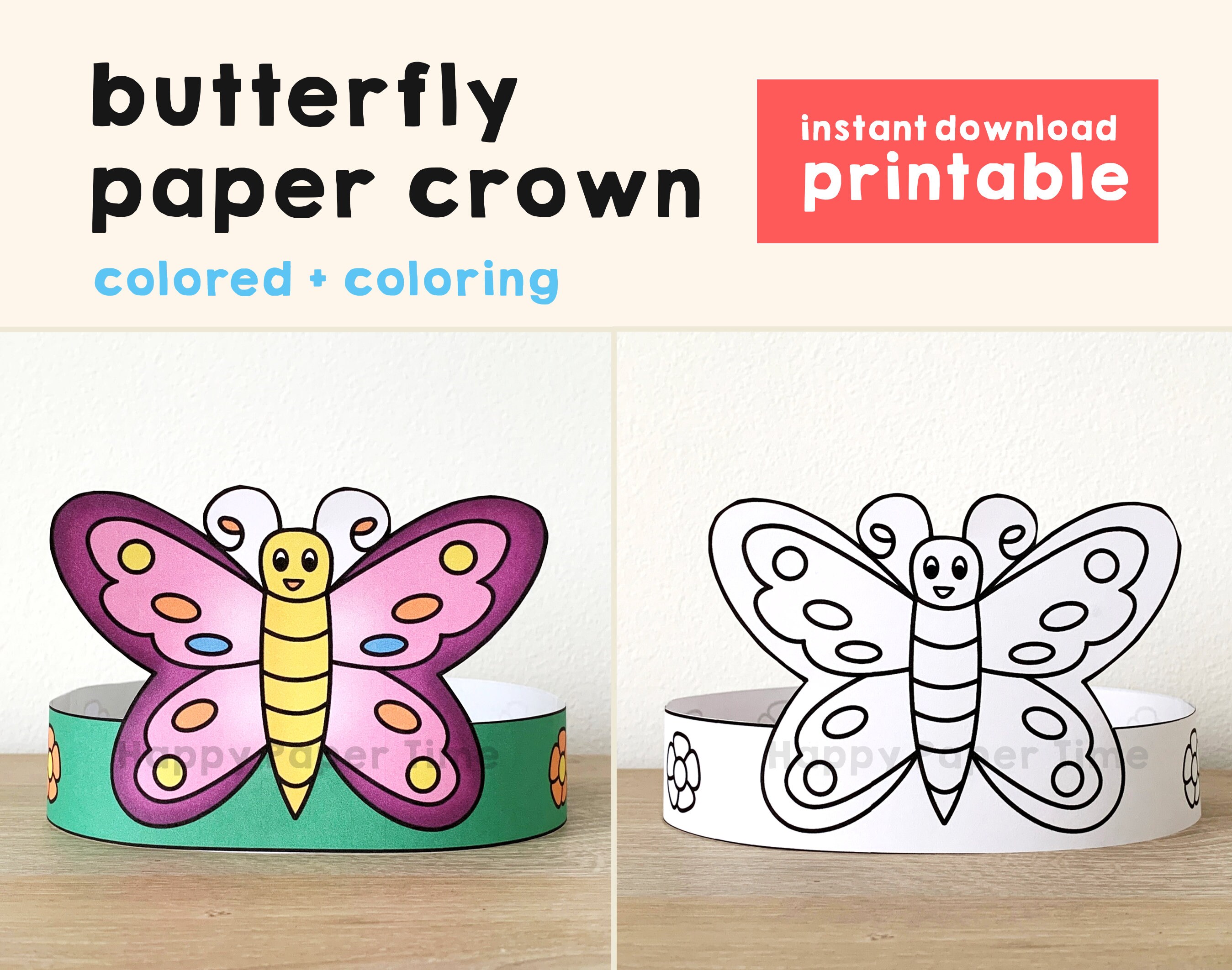Butterfly Paper Crown Party Coloring Printable Kids Craft Cute - Etsy