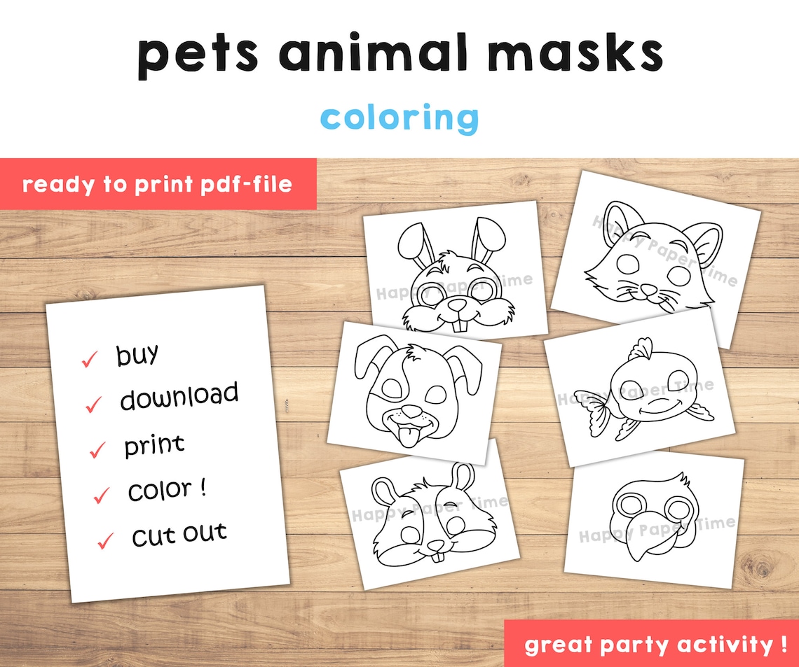Pets Animal Masks Coloring Template Cat Dog Hamster Goldfish - Etsy