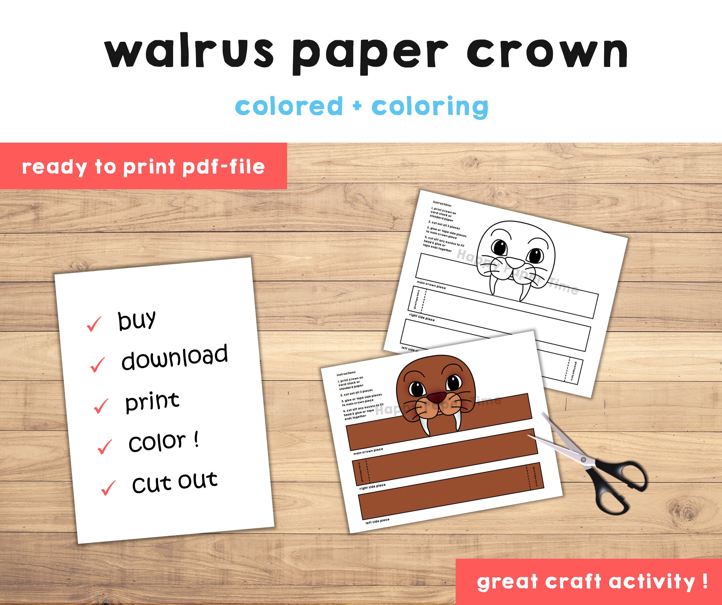 Walrus Paper Crown Party Coloring Printable Kids Craft Polar - Etsy