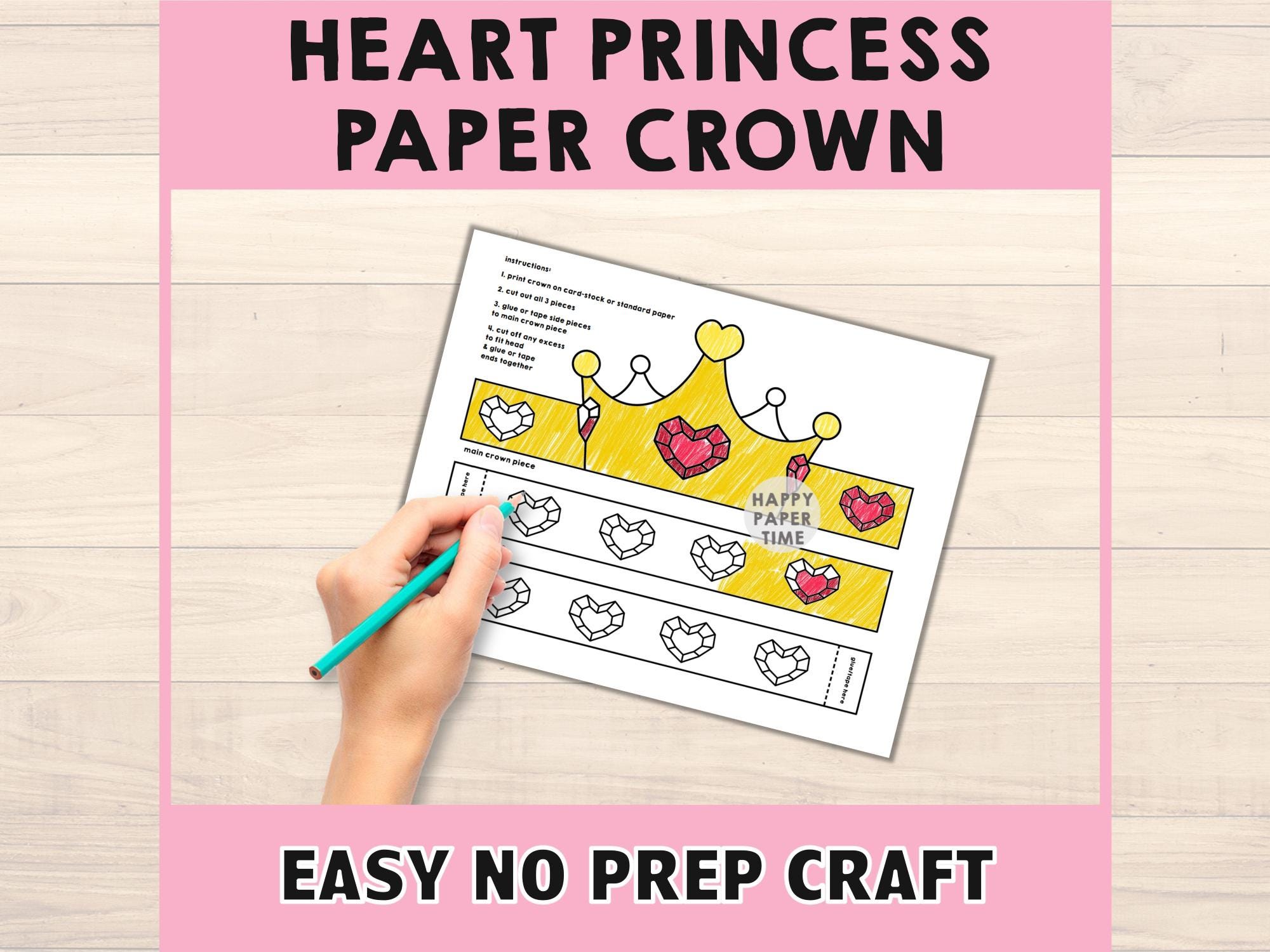 Heart Princess Paper Crown Craft Headband Party Activity Printable Kids ...