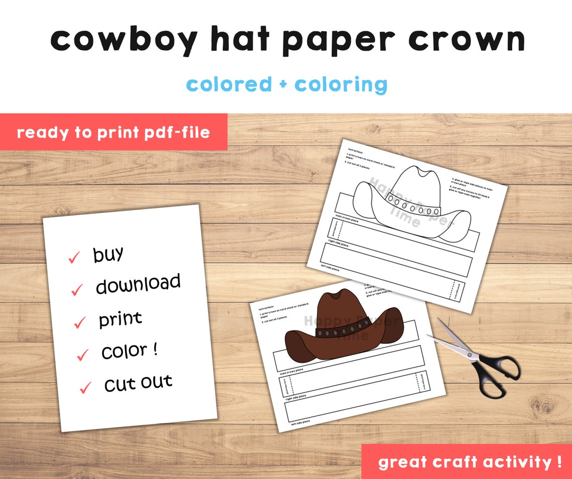 Cowboy Hat Paper Crown Party Coloring Printable Kids Craft - Etsy