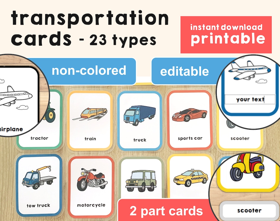 Transportation Vehicles Flash Cards Printable Montessori Materials ...