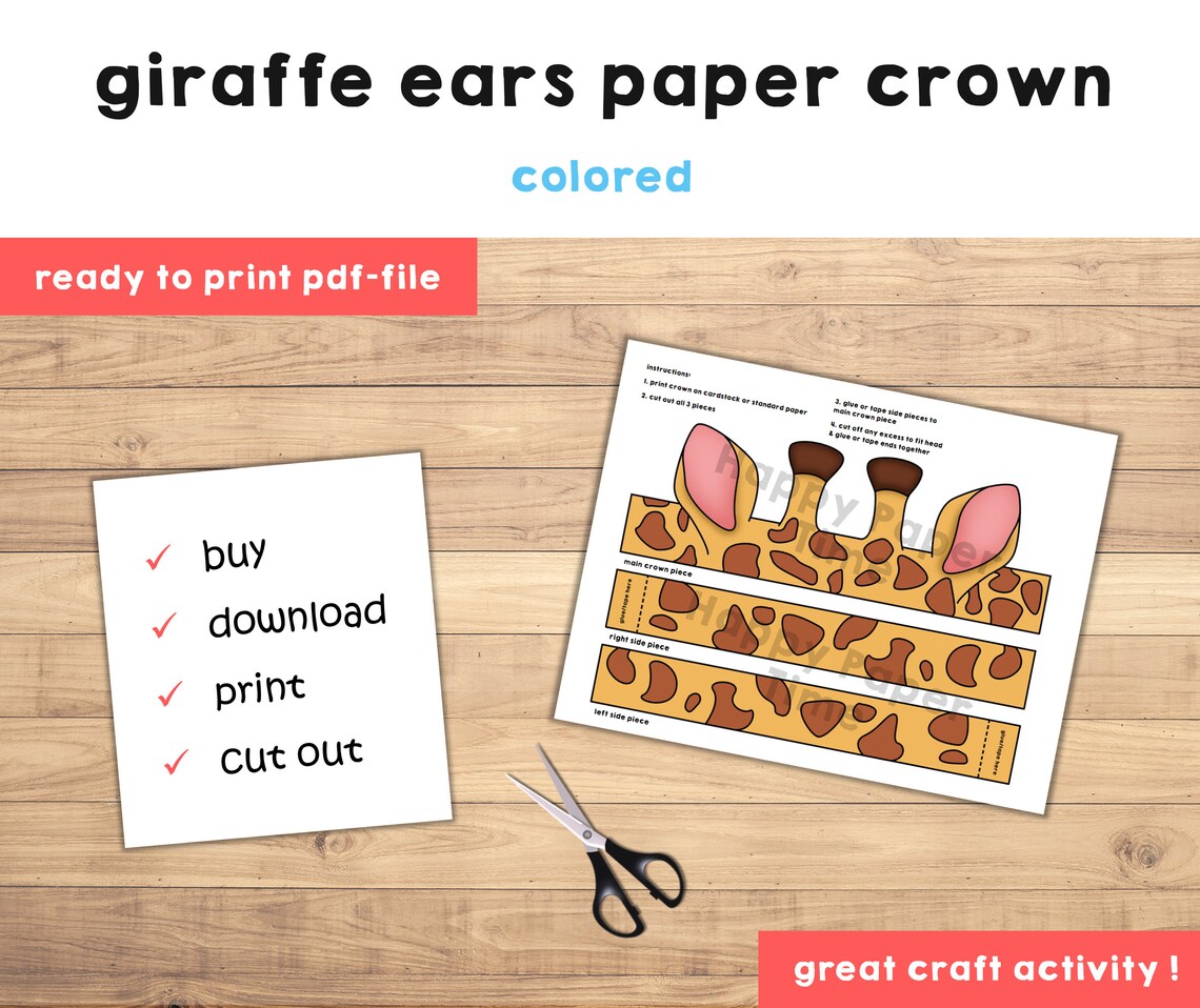 Giraffe Ears Paper Crown Party Coloring Printable Kids Craft | Etsy