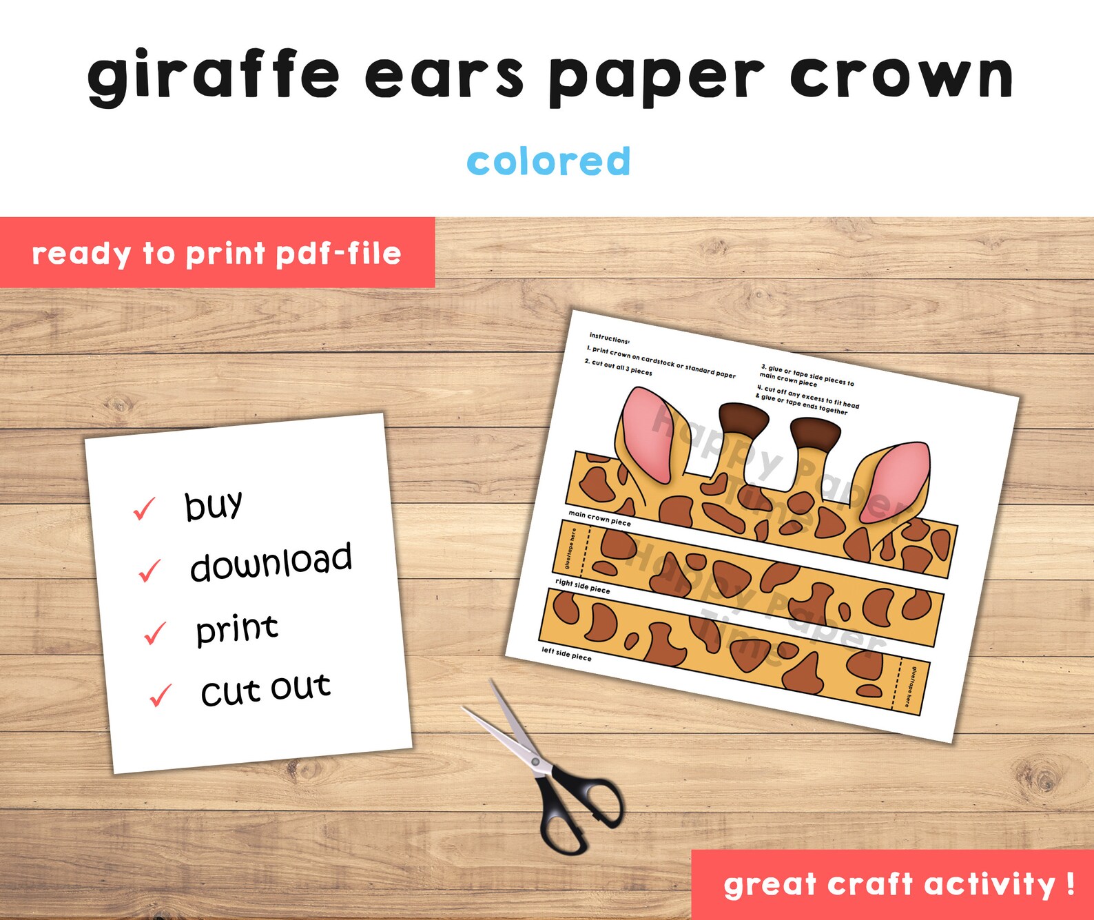 Giraffe Ears Paper Crown Party Coloring Printable Kids Craft | Etsy