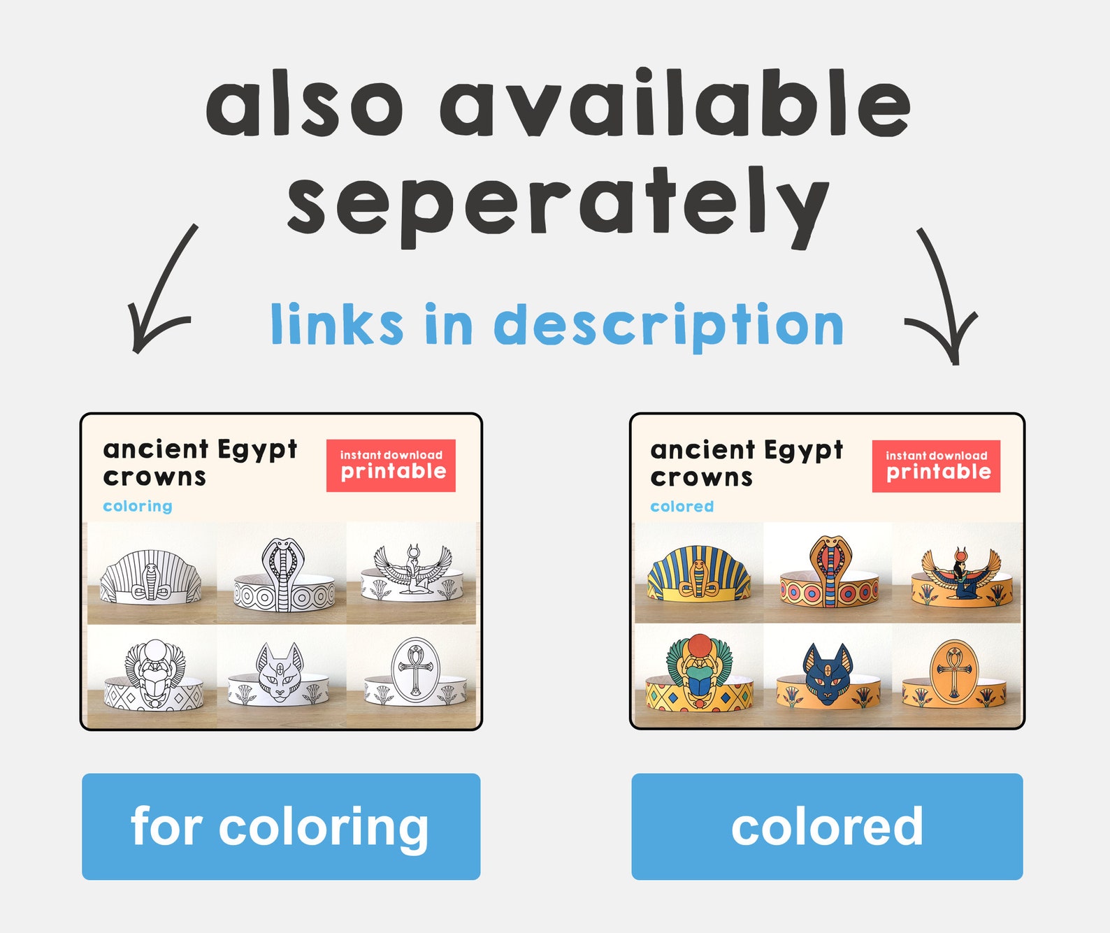 Ancient Egypt Paper Crowns Pharaoh Cobra Cleopatra Isis Scarab Cat Ankh ...