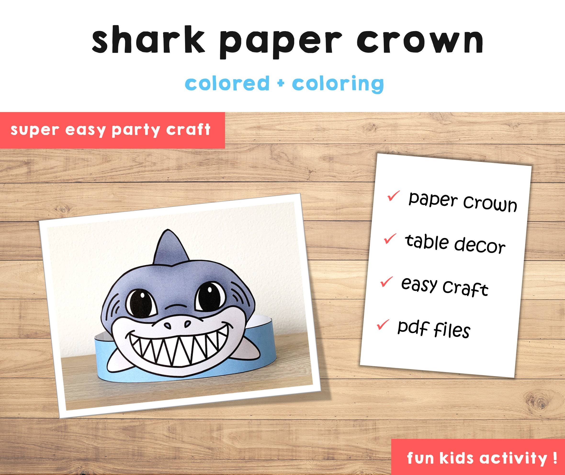 Shark Paper Crown Party Coloring Printable Party Hat Kids - Etsy