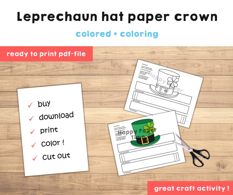 Leprechaun Hat Paper Crown Headband St Patrick's Day Party Coloring ...