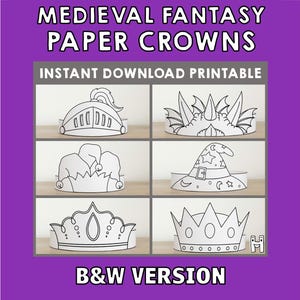 Medieval Fantasy Paper Crown Coloring Headband Knight Dragon Princess ...