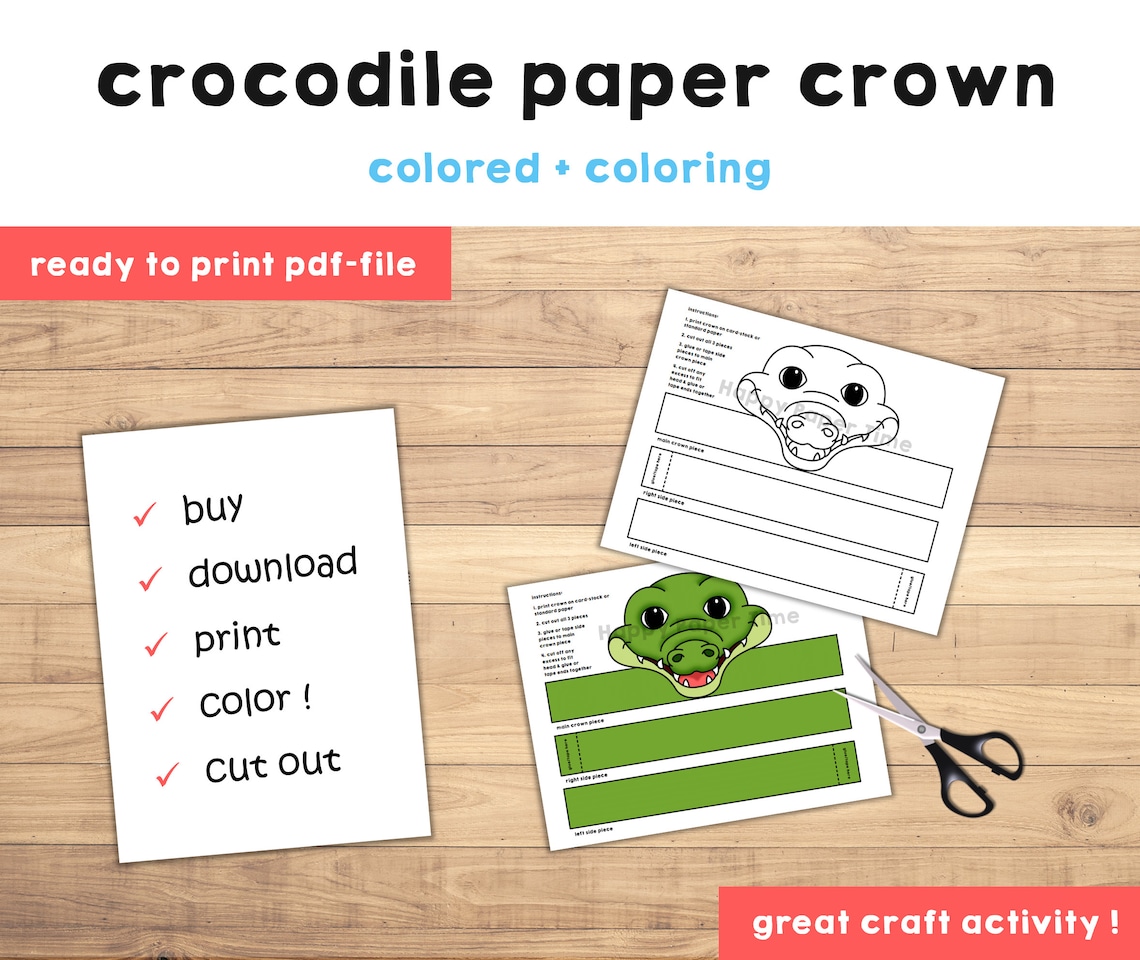 Crocodile Paper Crown Party Coloring Printable Kids Craft | Etsy