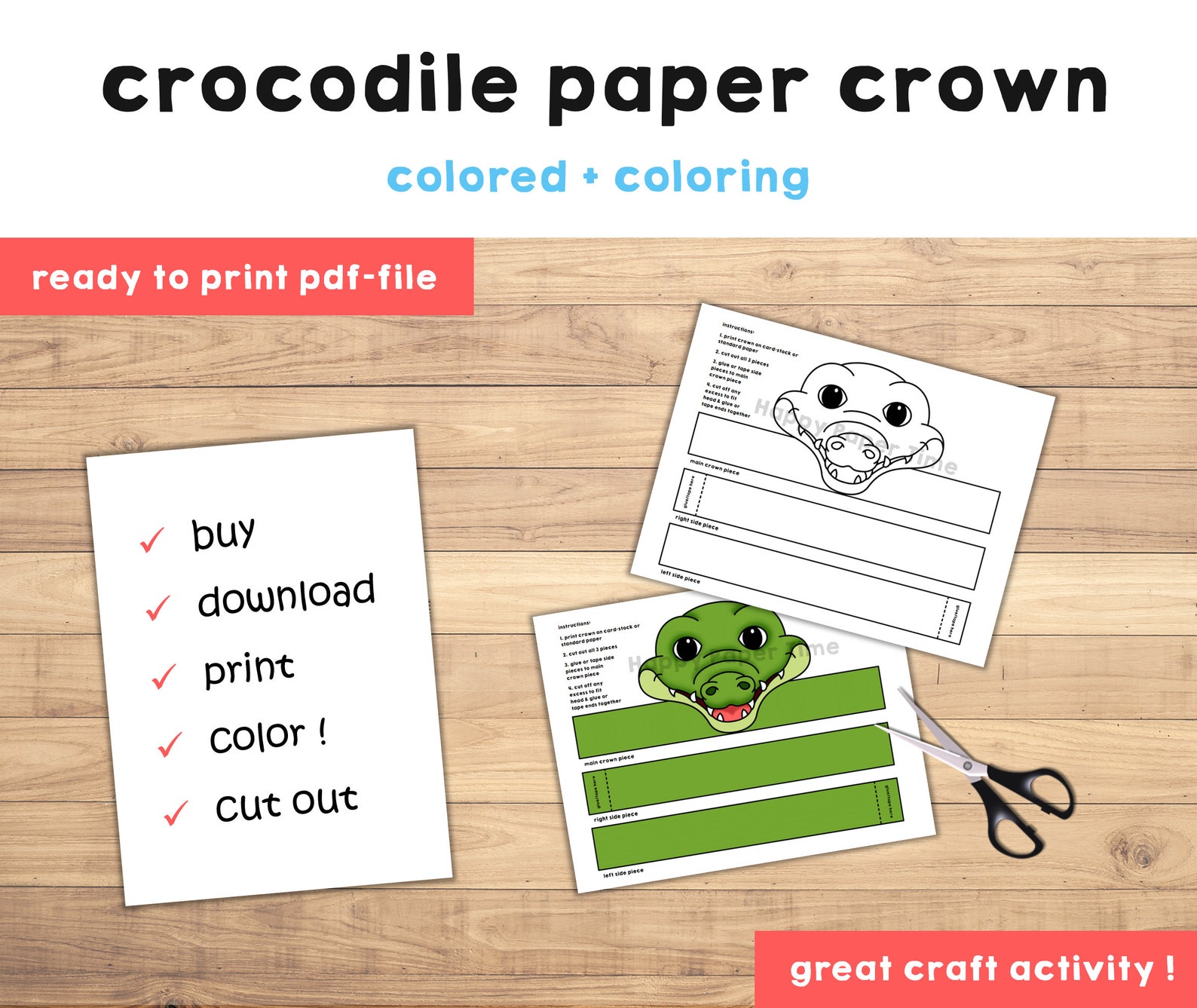Crocodile Paper Crown Party Coloring Printable Kids Craft | Etsy