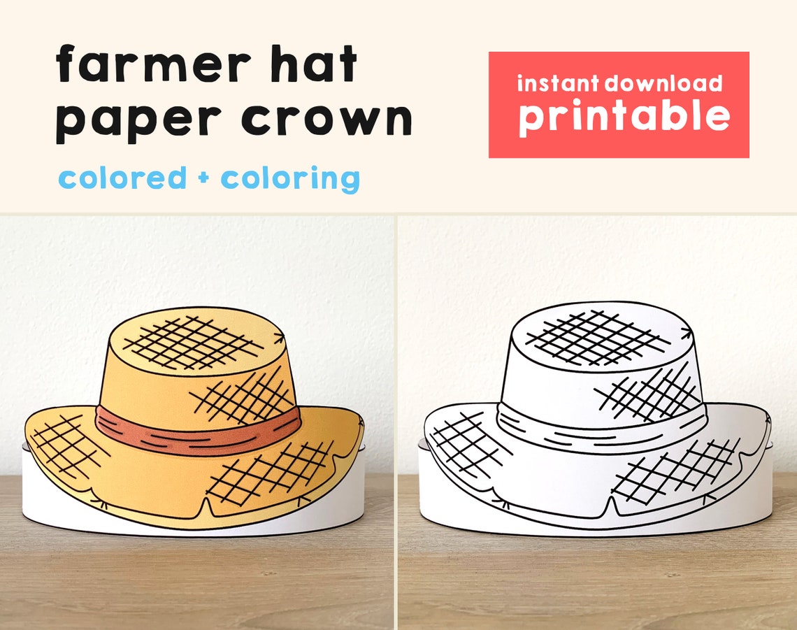 Farmer Straw Hat Gardener Paper Crown Party Coloring Printable | Etsy