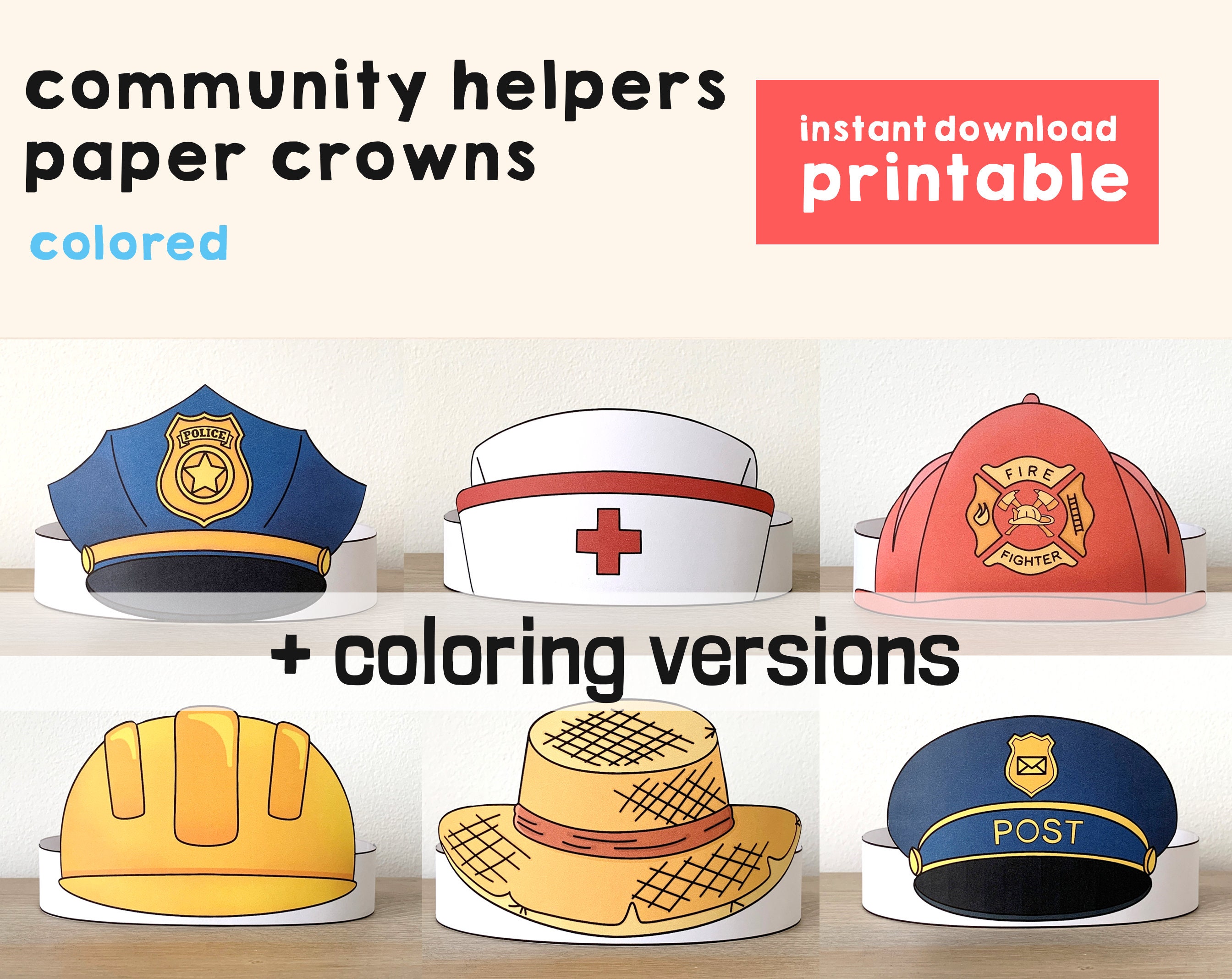 Community Helpers Paper Crowns Police Builder Farmer Nurse | Etsy