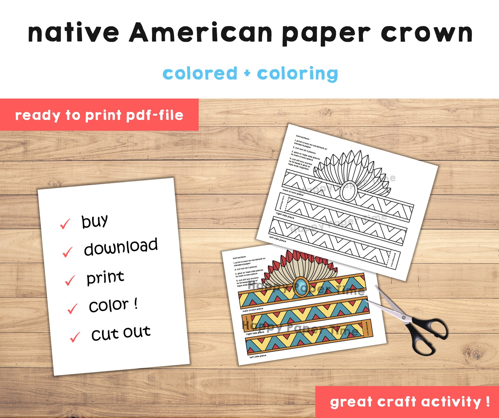 Native American Paper craft Headdress Crown Party Coloring | Etsy